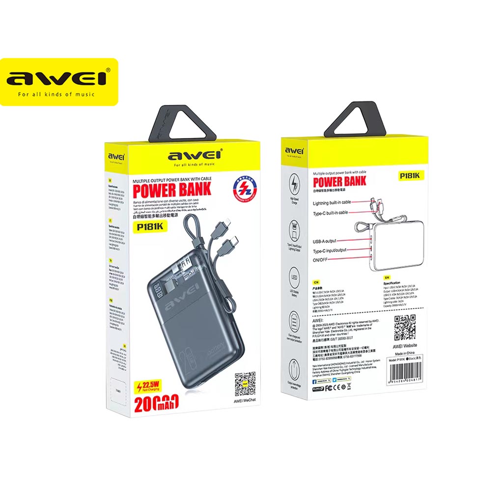 Awei P181K 20000mAh 22.5W Quick Charge Powerbank Fast Charging With ...