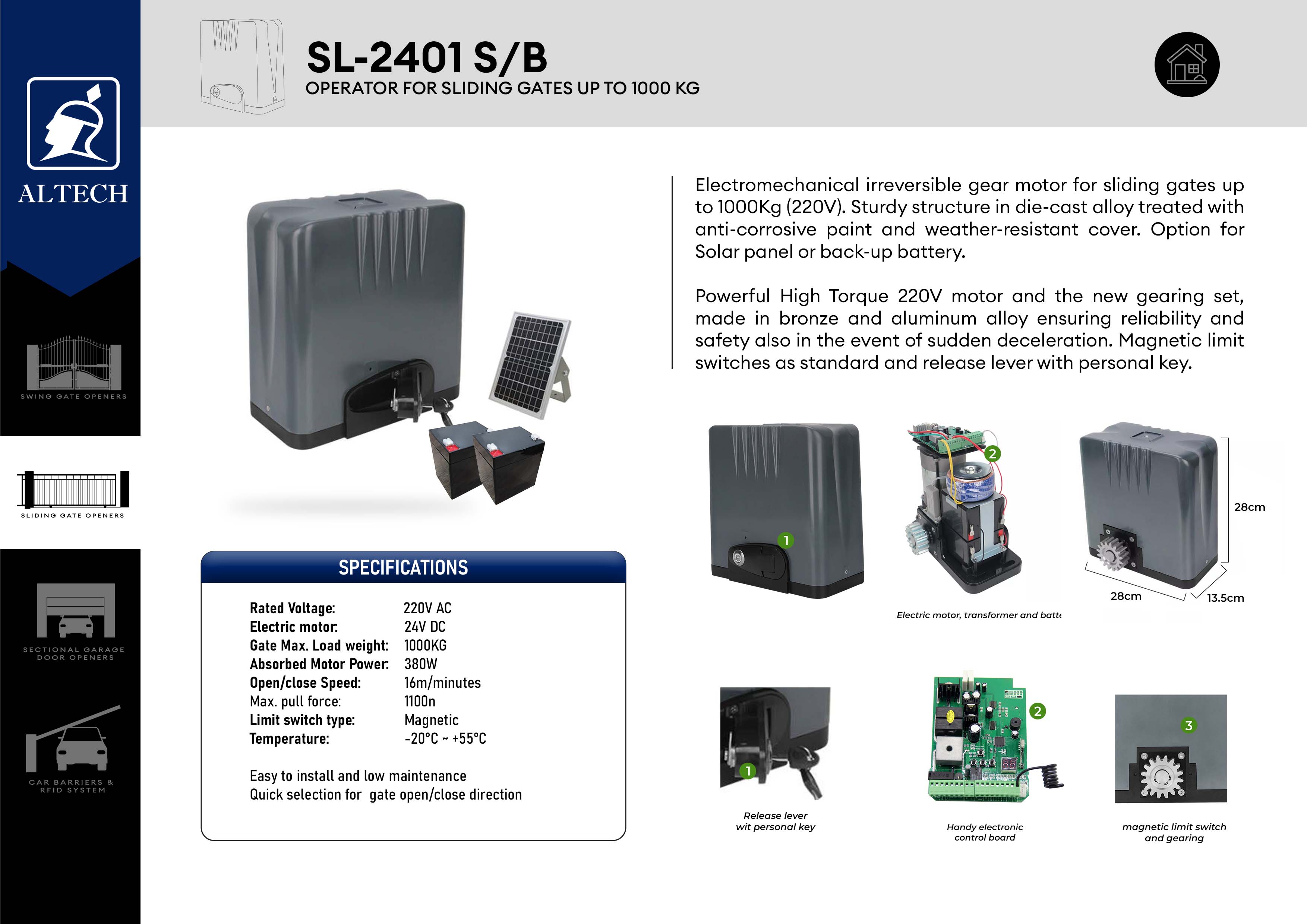 ALTECH 1000KG Sliding Gate Opener with Built-in Battery Powered by ...