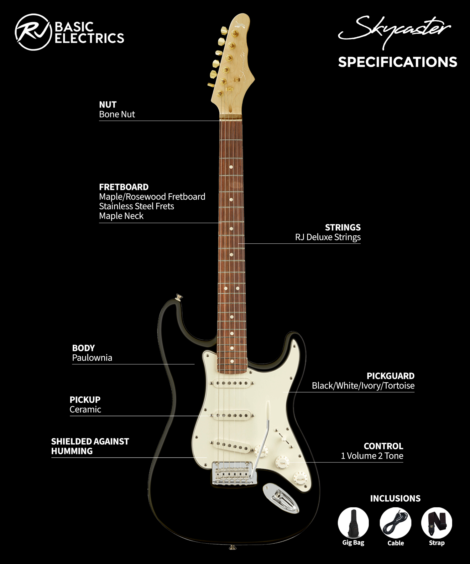 RJ Guitars Basic Electrics - Skycaster Electric Guitar (Stratocaster ...