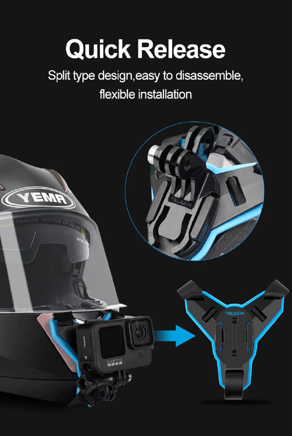 TELESIN Helmet Chin Strap Mount For Action Cameras, GoPro Hero, SJCAM ...