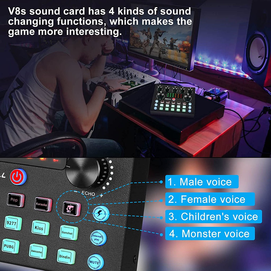 RIXTON V8S/F998 Audio Mixer External Sound Cards Headset Microphone Live Sound Card Recording ...