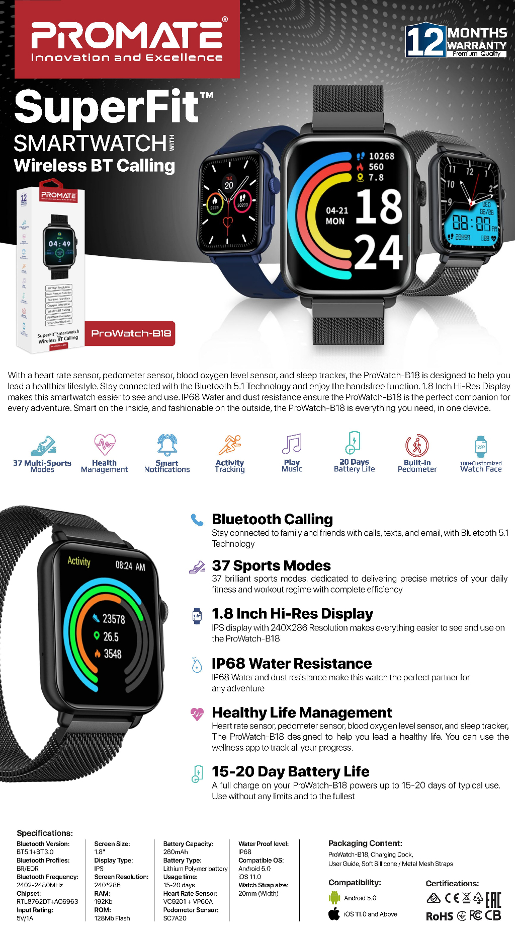 Promate ProWatch B18 Super Fit™ Smartwatch With Handsfree Support ...
