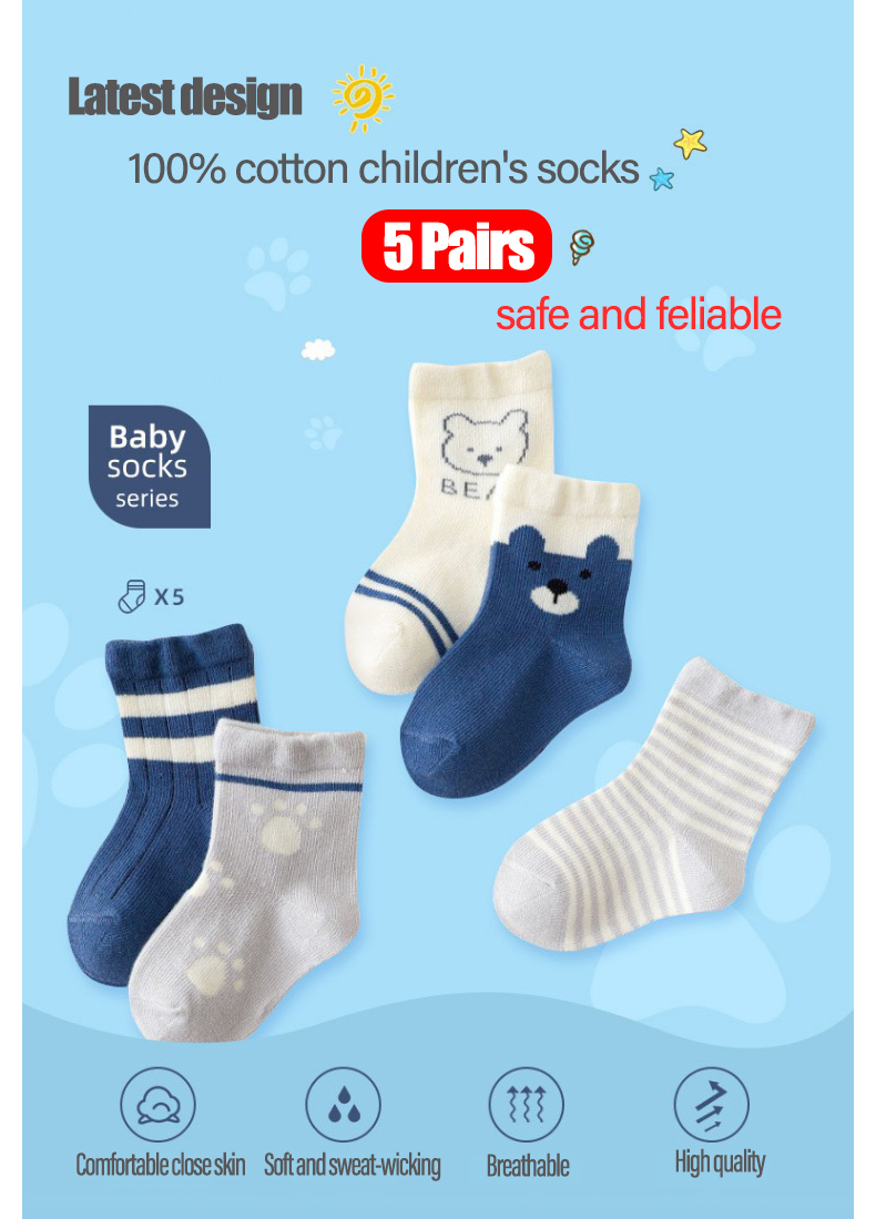 Latest design 5 pairs/set Cute Soft Infant Kids 100%Cotton Baby Socks ...