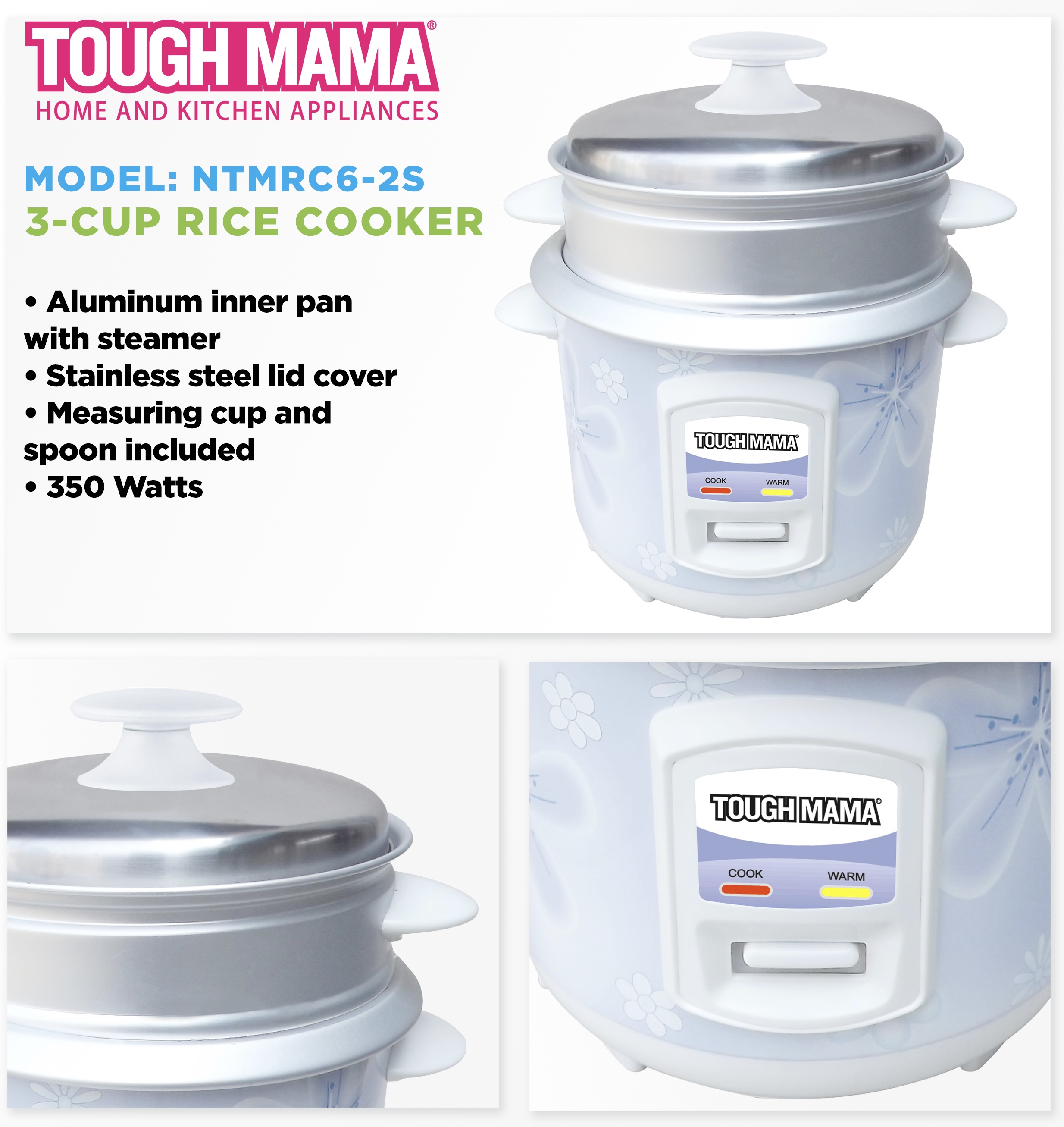 Tough Mama NTMRC6-2S Rice Cooker with Aluminum Steamer Mini Cooker ...