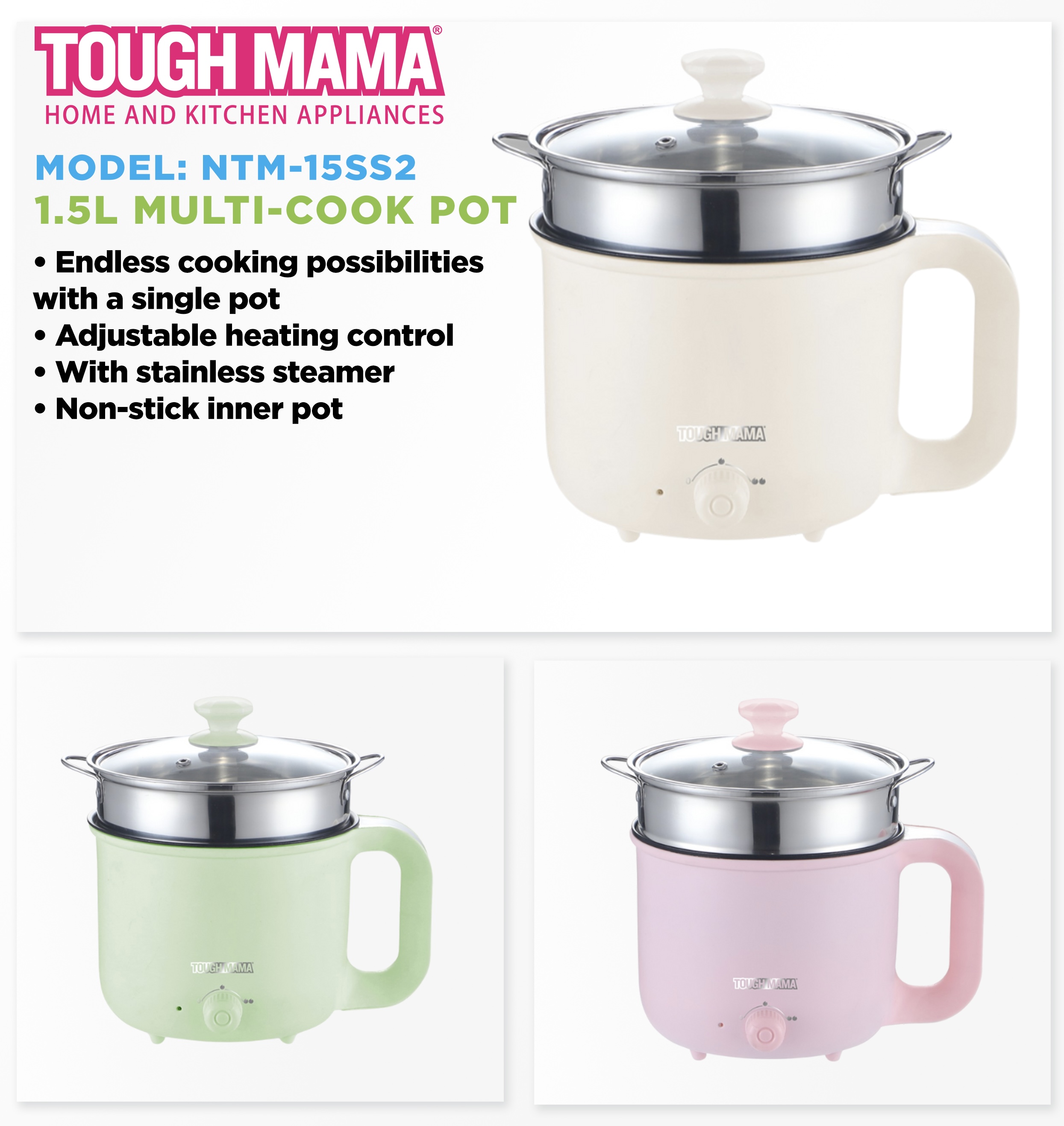 Tough Mama NTM-MP15SS2 Multipot Non-stick Multicooker Stainless Steel ...