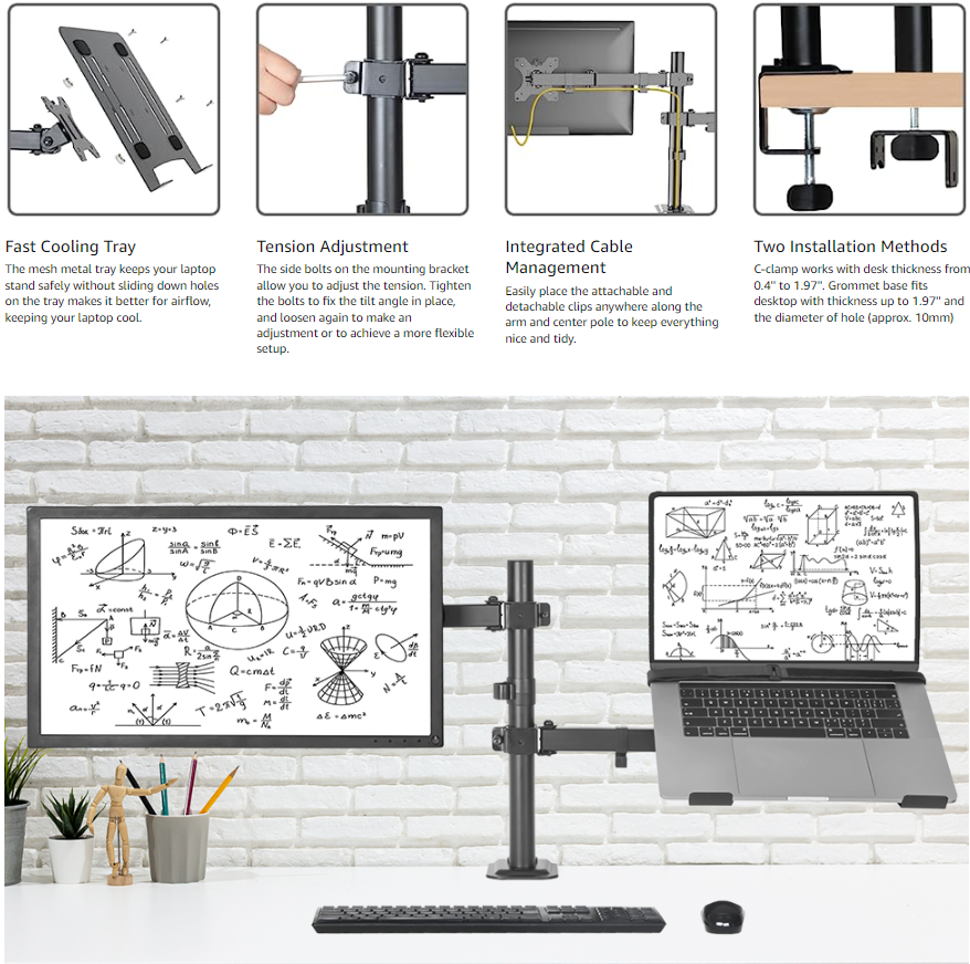 Inplay KMT-4 Monitor Stand With Laptop Tray Dual Arm Desk Mount Fully Adjustable Monitor Mount ...