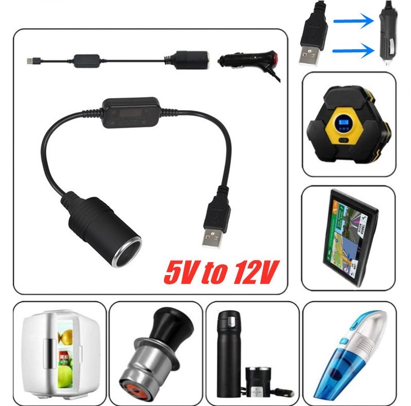 LMJ Car Cigarette Lighter Socket USB 5V To 12V Converter Adapter Wired Controller Plug Connector ...