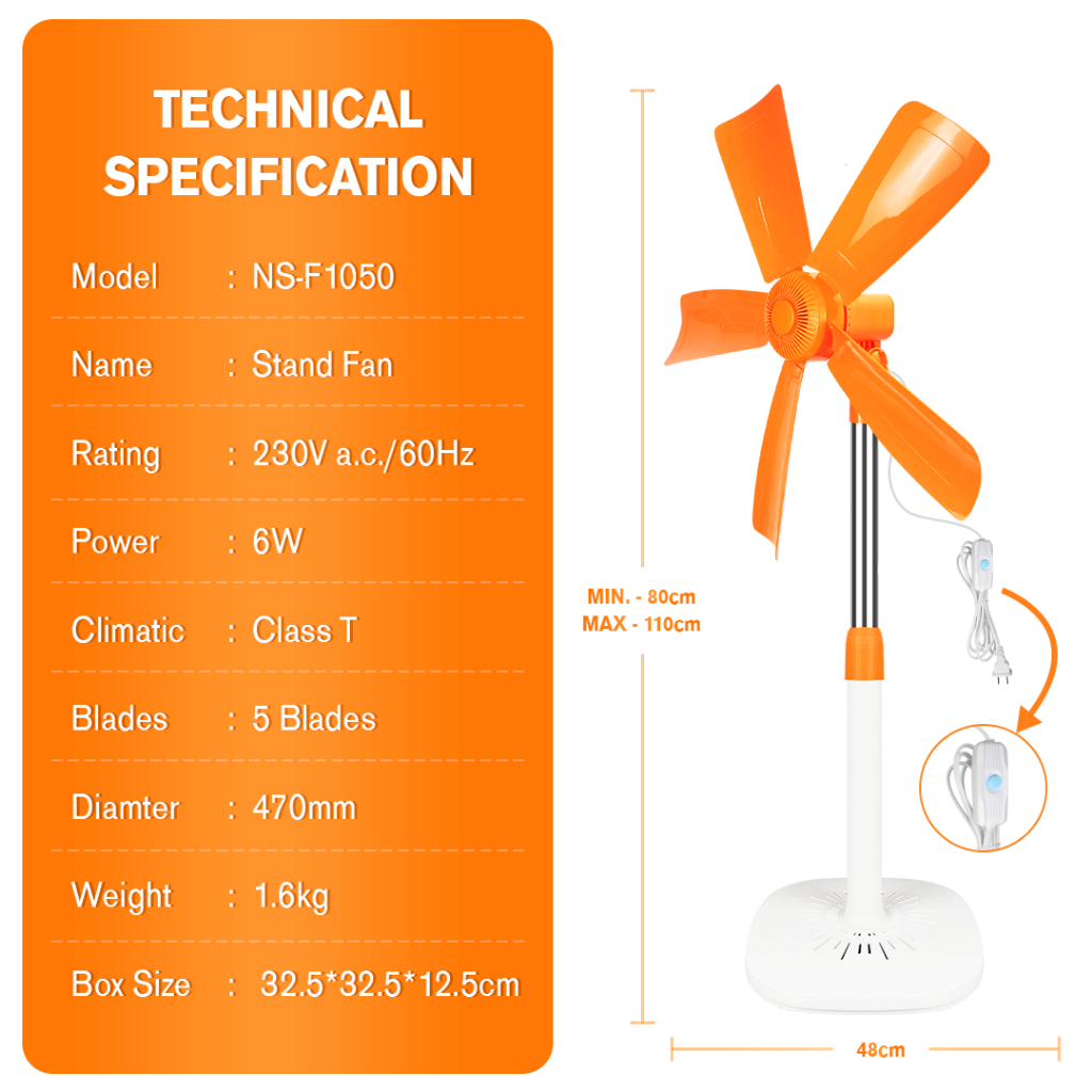NSS Electric Fan Portable Stand Fan 5 Blades Adjustable Home Floor Fan ...