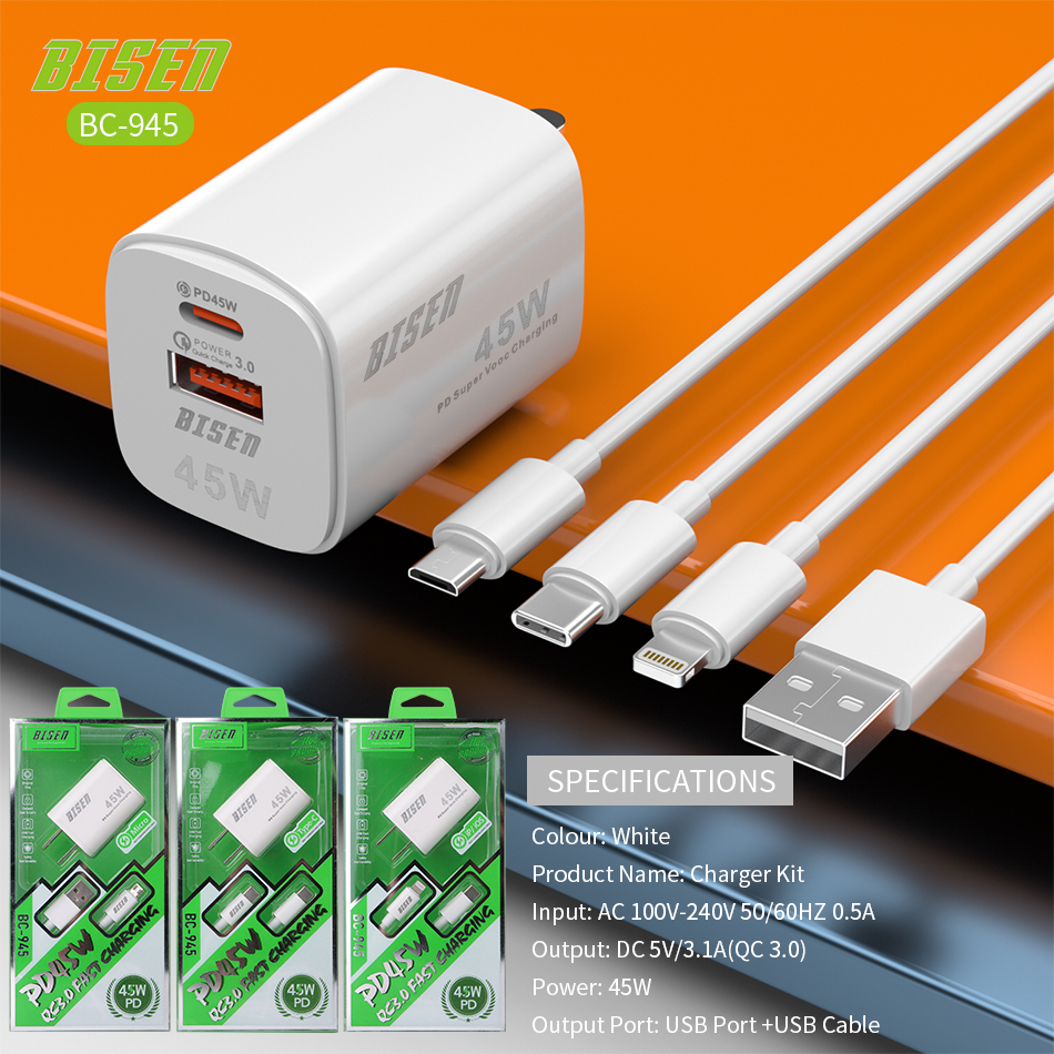 BISEN BC-945 45W PD Fast + QC3.0 Smart Fast Charging Charger Adaptor ...