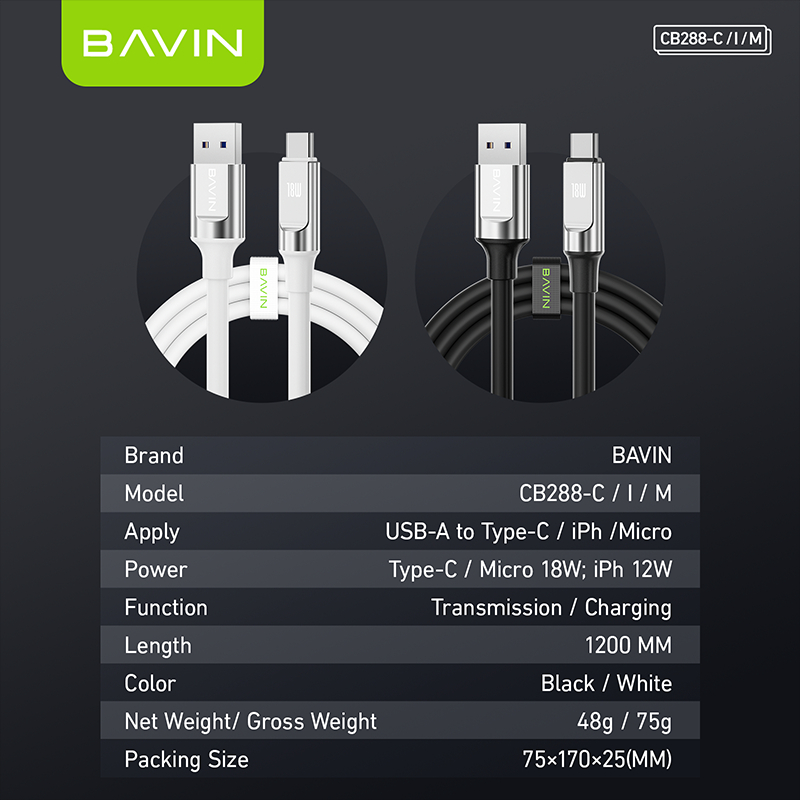 BAVIN CB288 60W PD Fast Charging Soft Silicone Thick Wire Data Cable ...