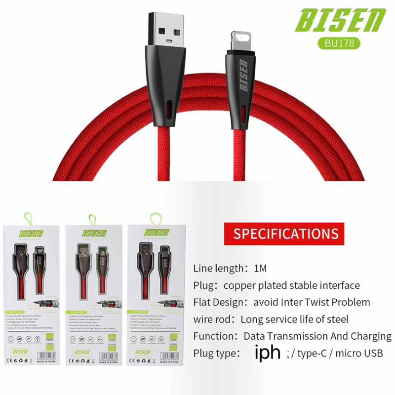 BISEN BU178 2.4A True Fast Charger Usb Data Cable For Micro/Type-C/iPh ...