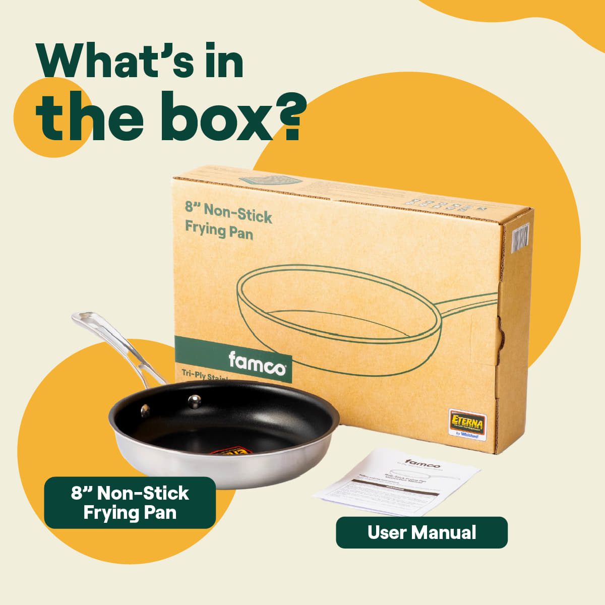 Famco 8" Non-Stick Frying Pan 20cm Tri-Ply Stainless Steel Induction ...