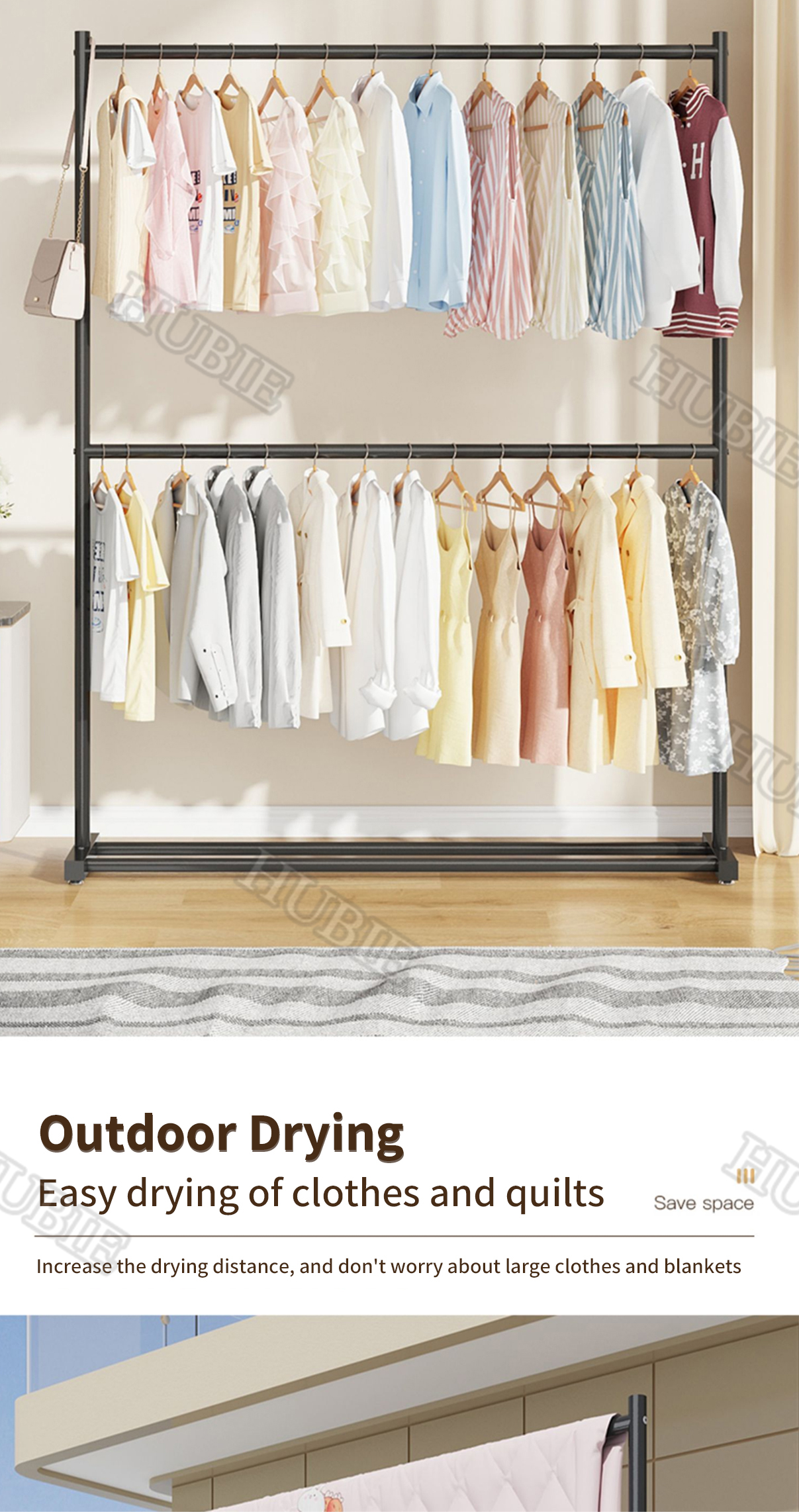 【On Hand】Double Layer 60/100/120/150cm Metal Clothes Hanger Drying Rack ...