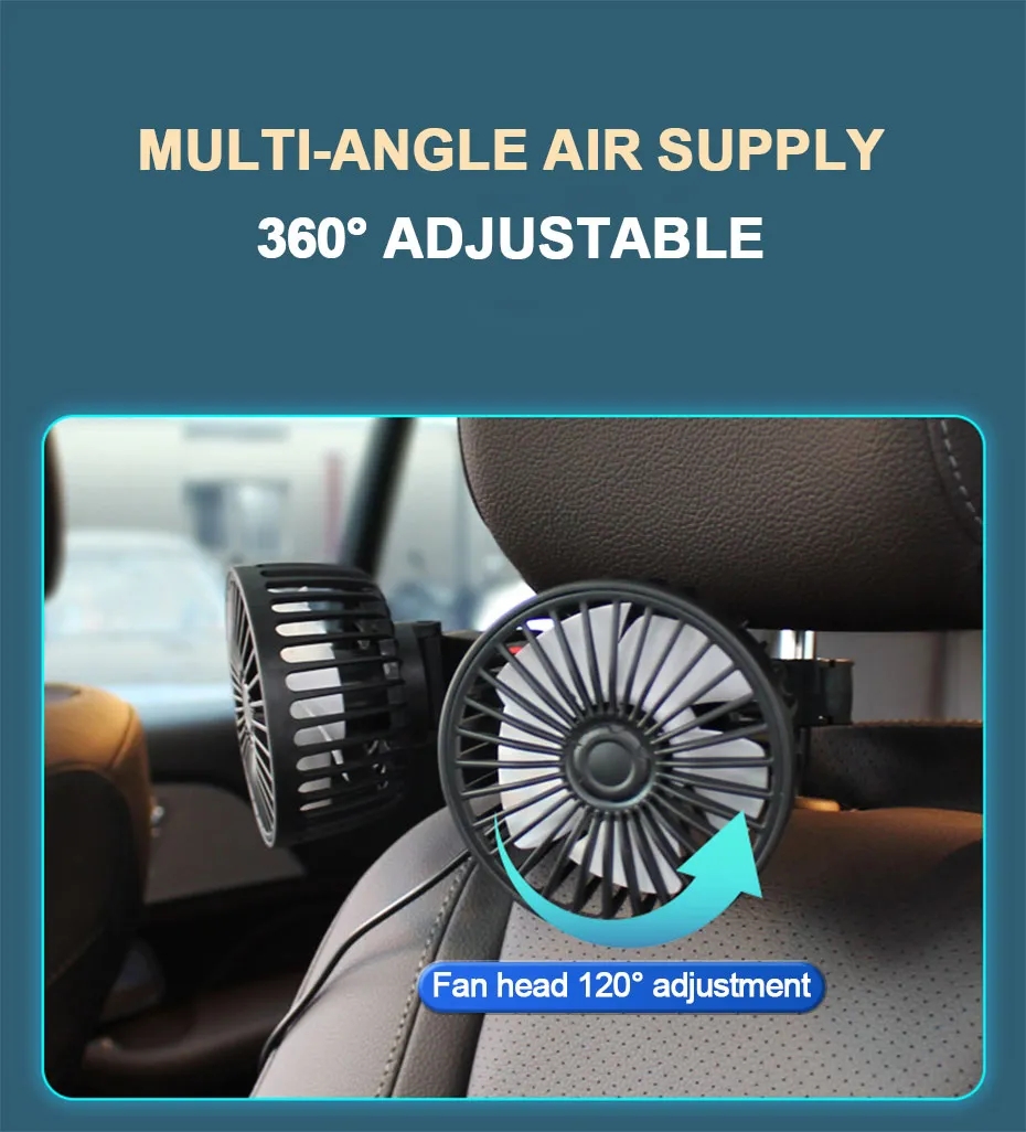 SEAMETAL Car Rear Fan 360 Degrees USB Double-headed Fans 3 Speeds Wind ...