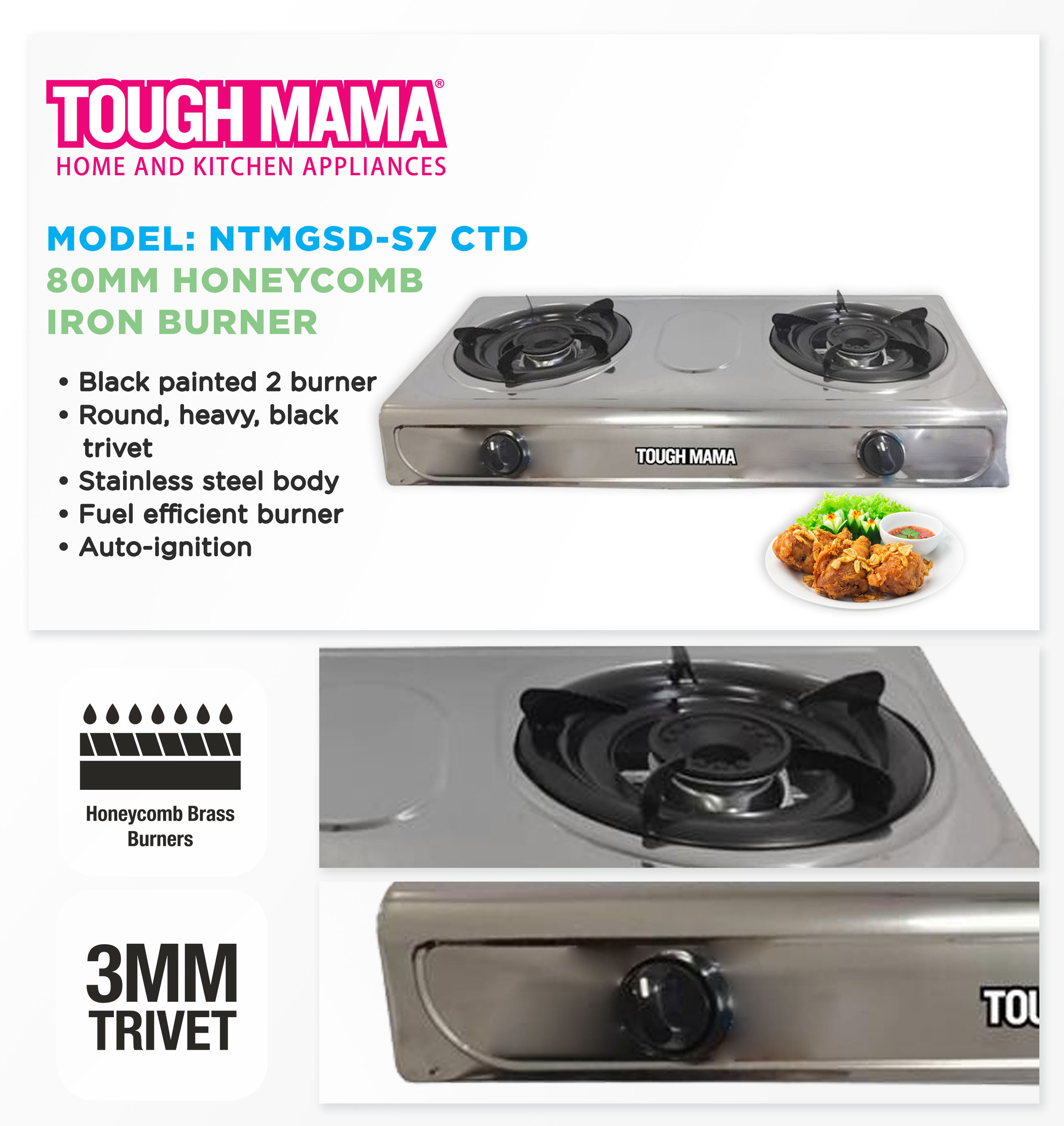 Tough Mama NTMGSD-S7CTD Stainless Steel Double Burner Gas Stove Auto ...