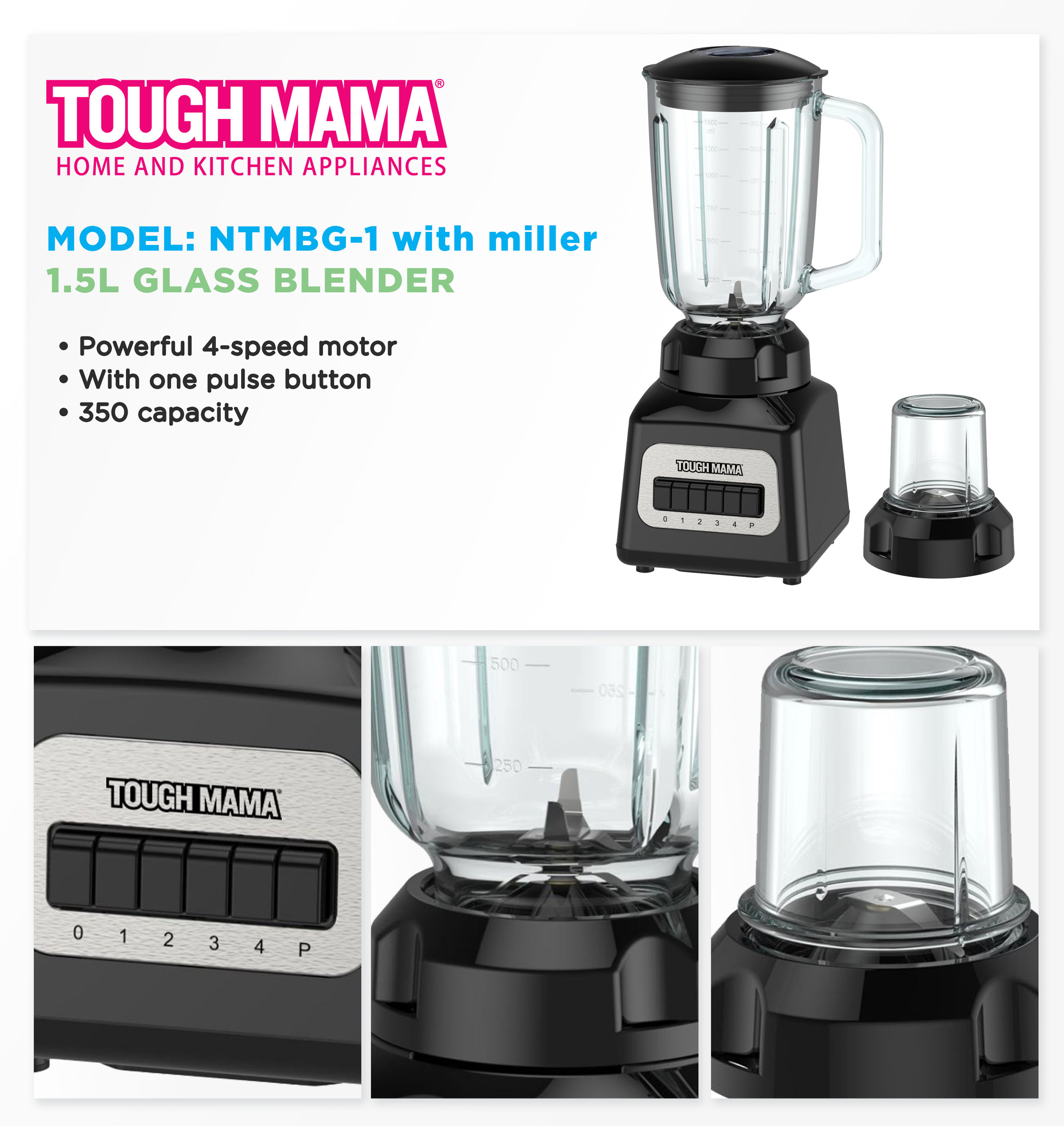 Tough Mama NTMBG-1 Black Glass Blender with free miller Powerful Motor ...