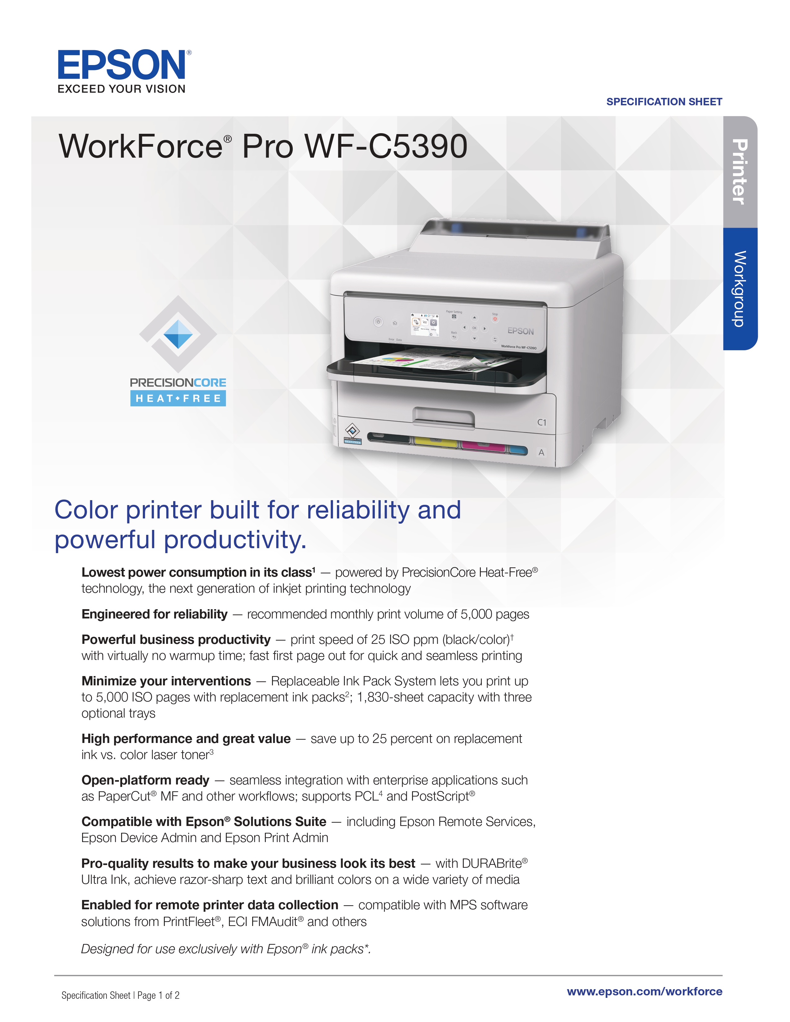 Epson WorkForce Pro WF-C5390 A4 Colored Auto Duplex Inkjet Printer w/ Ethernet & Wi-Fi, USB 2.0 ...