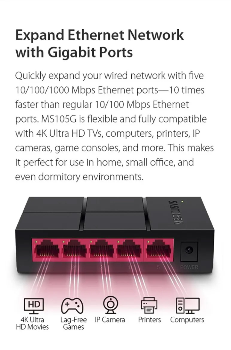 Mercusys Official | MS105G | 5‑Port | Gigabit | Network | Switch | Plug ...