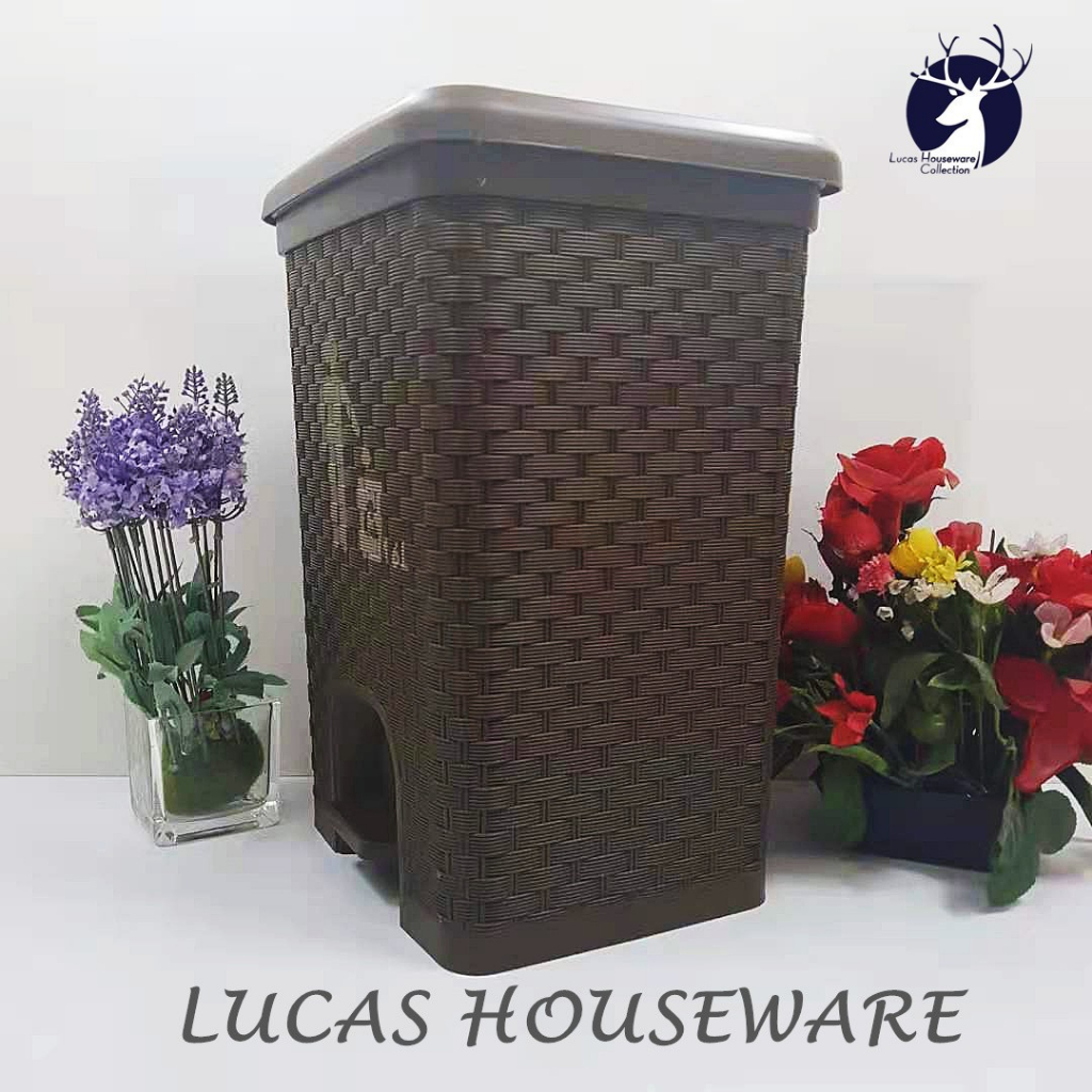 PLASTIC RATTAN WEAVED TRASH CAN W/ PEDAL & COVER / GARBAGE BIN / TRASH ...