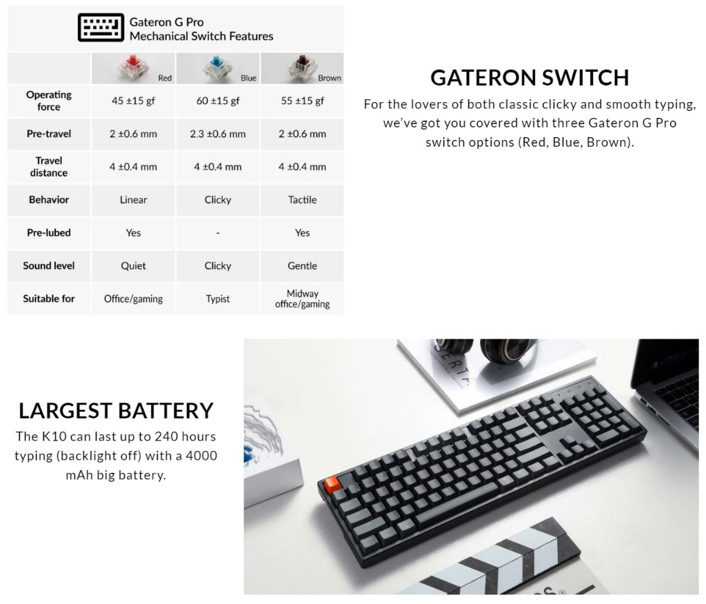 Keychron K10 104 Keys BT Wireless/Wired Full Size Mechanical Keyboard ...