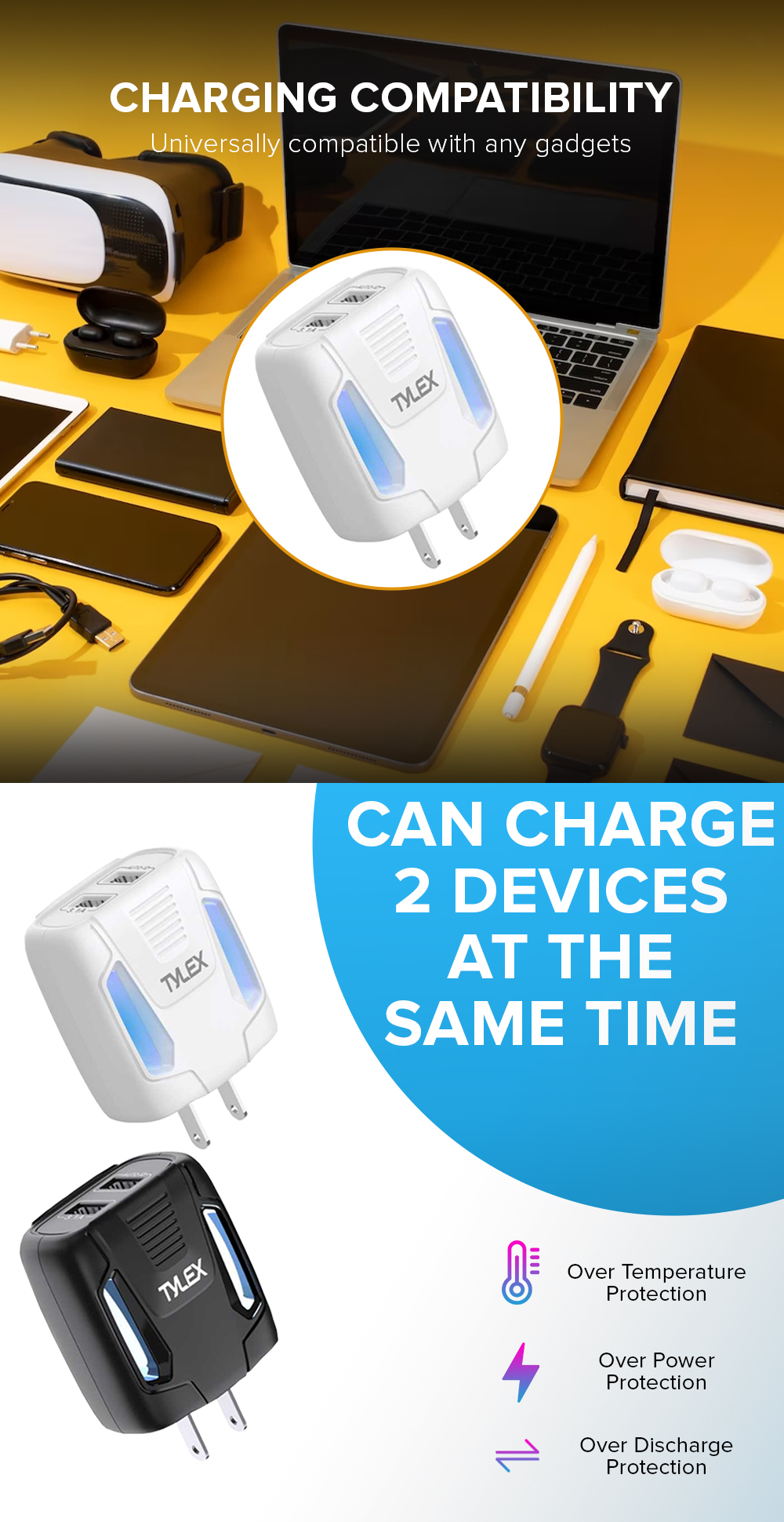 TYLEX TY003 3.1A Powerport Fast Charging Dual USB-A 1000mm Data Cable ...