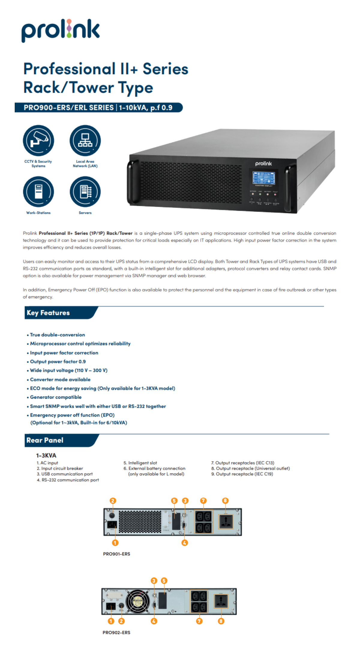 Prolink 1KVA / 900W Pure Sine Wave Online UPS w/ AVR Computer Server ...