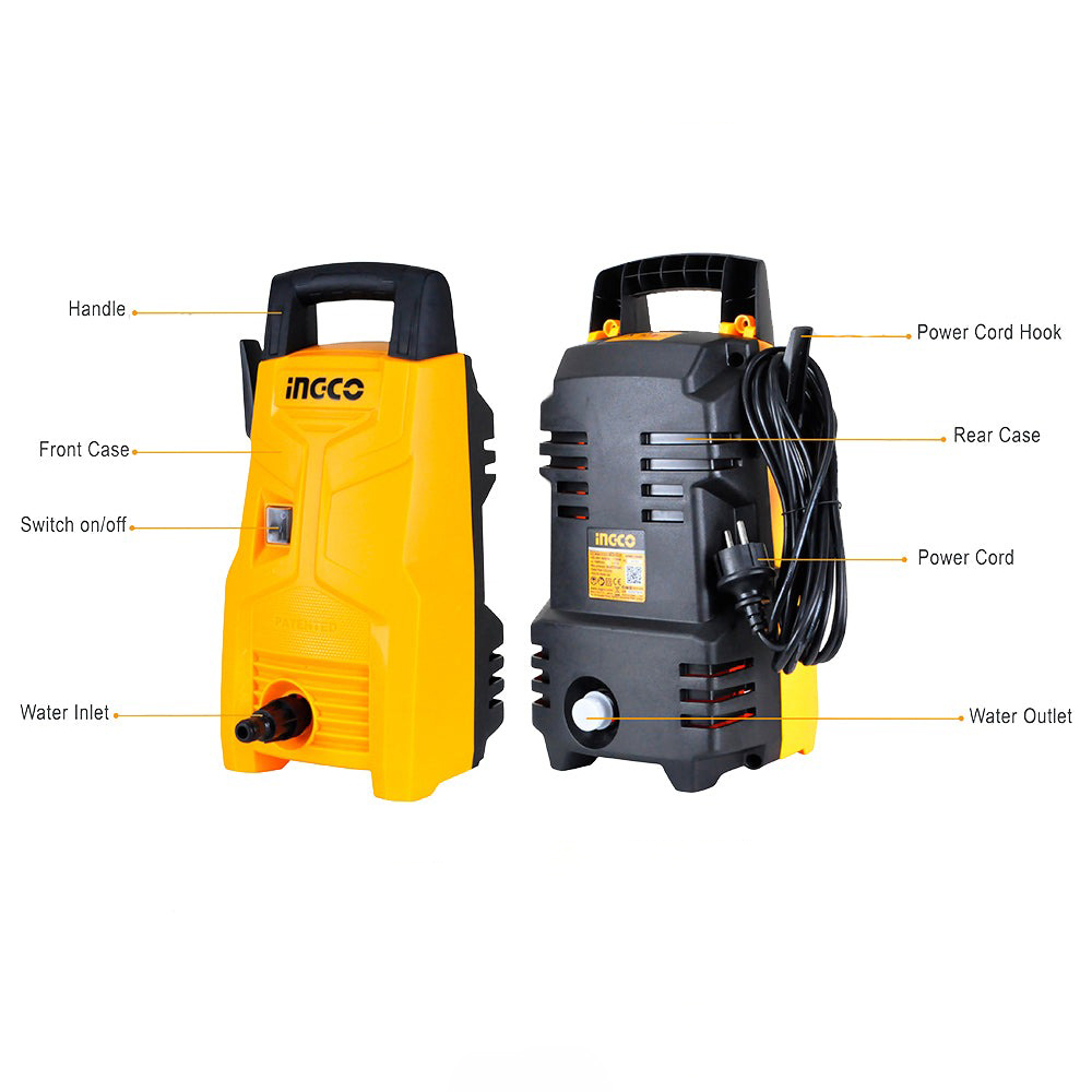 INGCO 1400W Electric High Power Pressure Washer Cleaner w/ Auto Stop System, 3m Hose ...