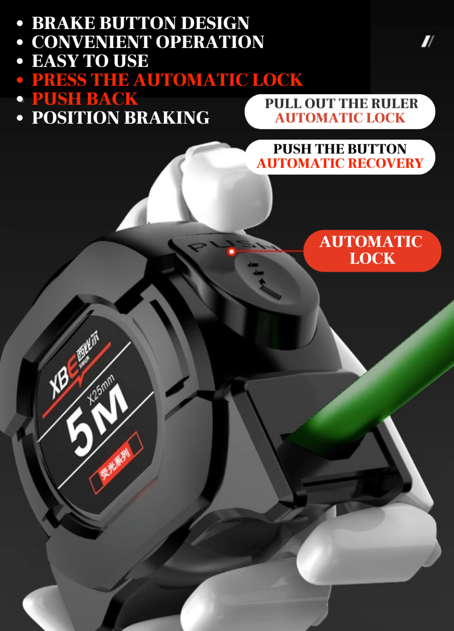 5m/7.5m/10m Steel Measuring Tape Fluorescerous Auto Lock Meter Tape ...