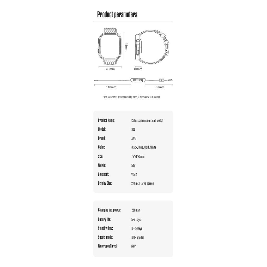 Awei H32 Smart Call Watch Multi-Sports Mode Fitness Trackers Heart Rate ...