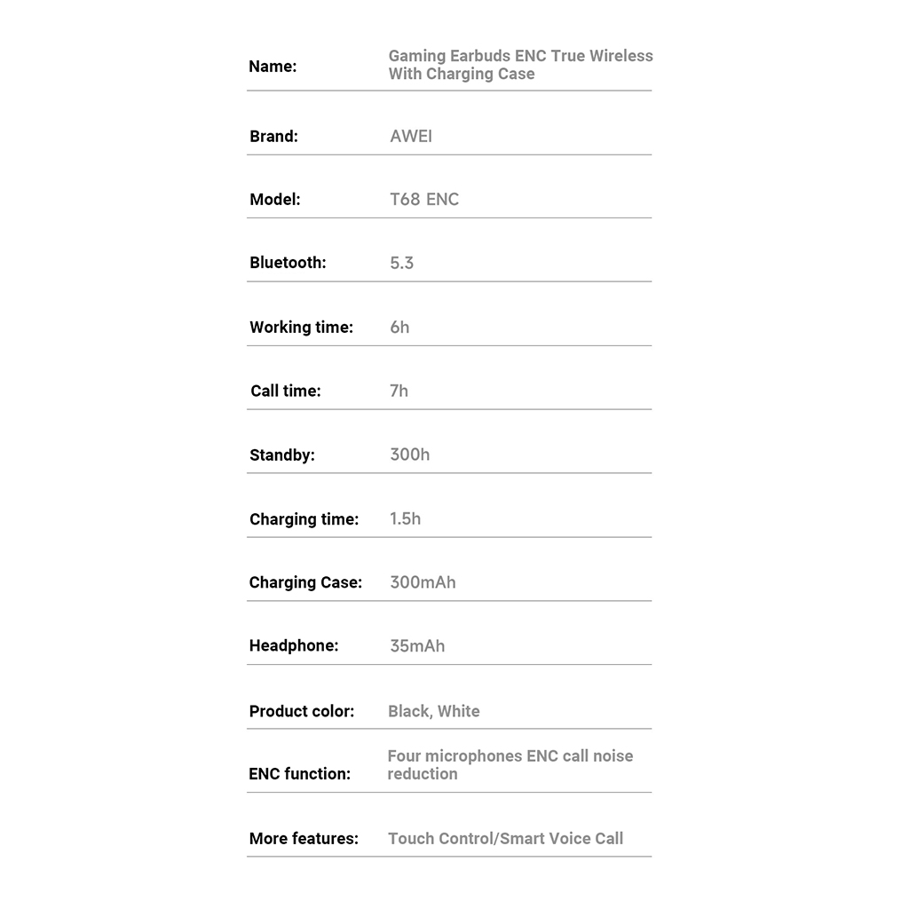 Awei T68 ENC Bluetooth Headset TWS Wireless Gaming Earphone Earbuds ...