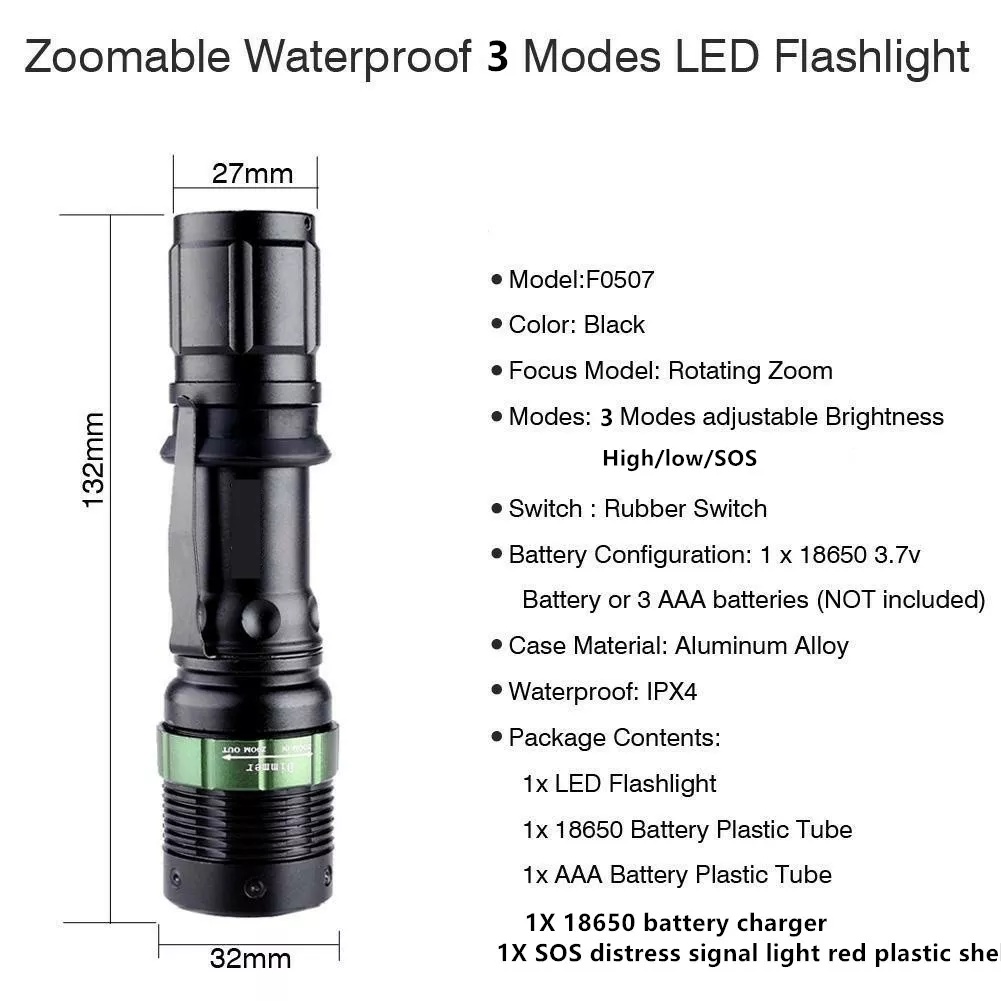 CREE LED Rechargeable Flashlight 8000lumens zoomable Police ...