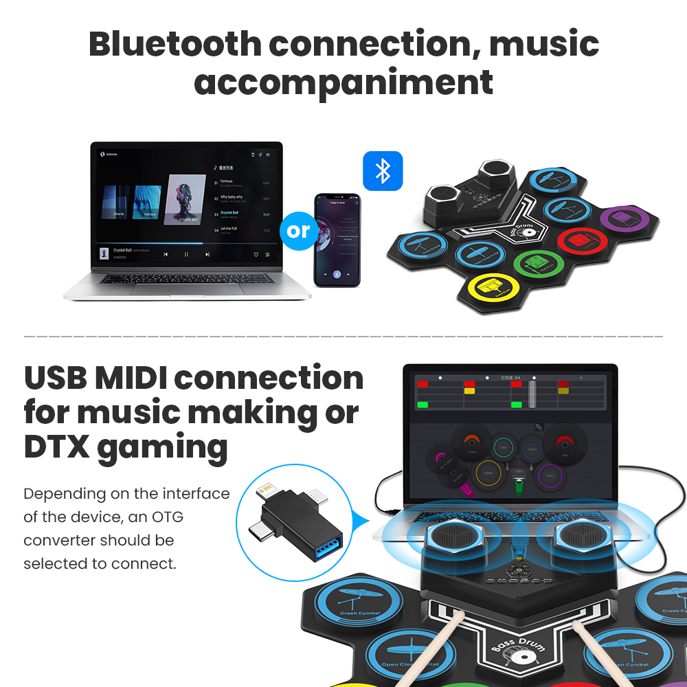 RIXTON Portable Electronic Drum Digital Roll-up Digital Drum Set ...