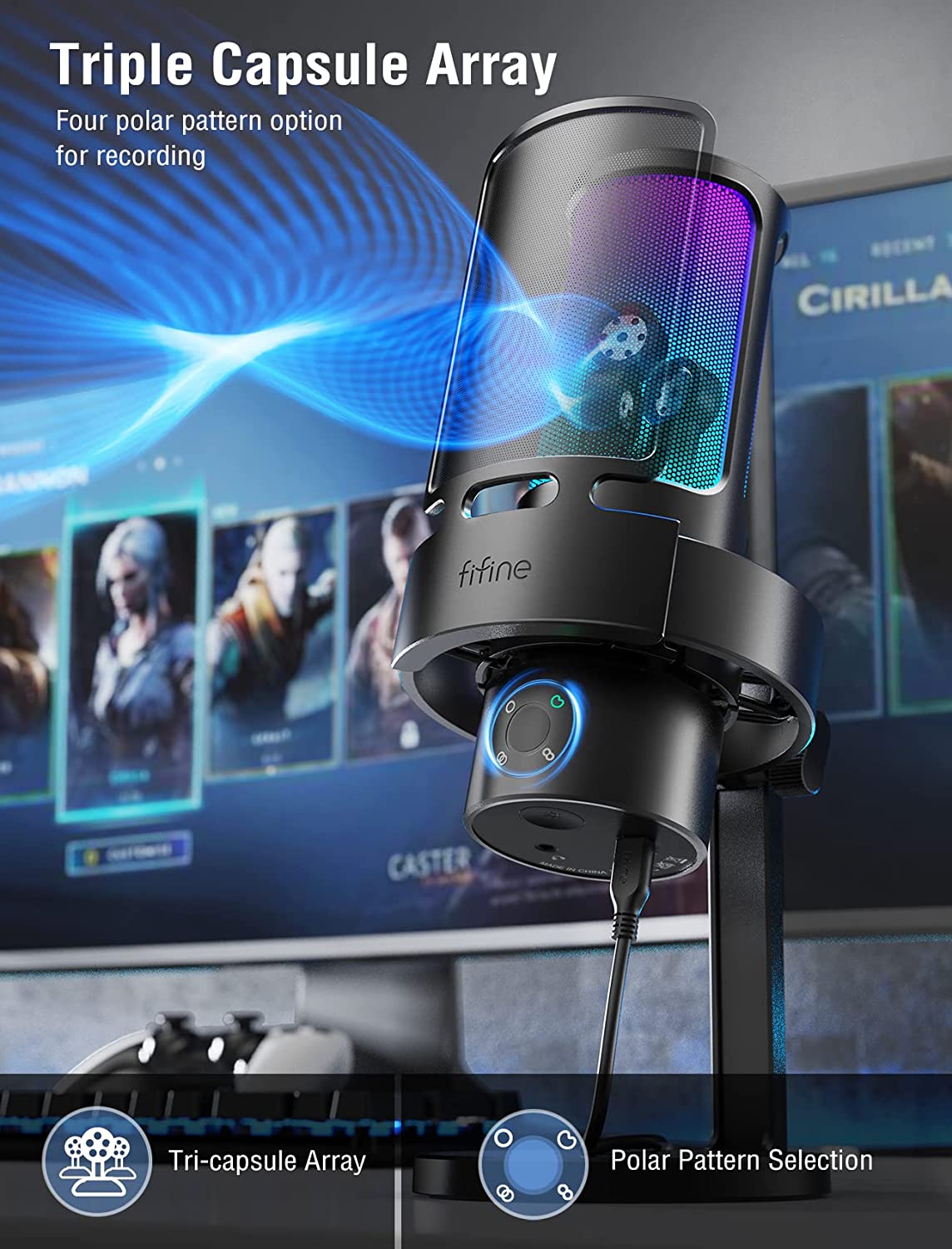 FIFINE AmpliGame A8 Plus Gaming RGB Condenser USB Microphone, PC ...
