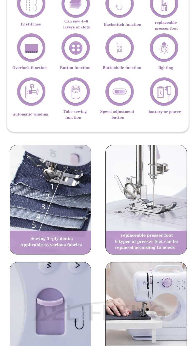 【ALL FLYING】Portable Sewing Machine Mini Electric Household 12 Stitches ...