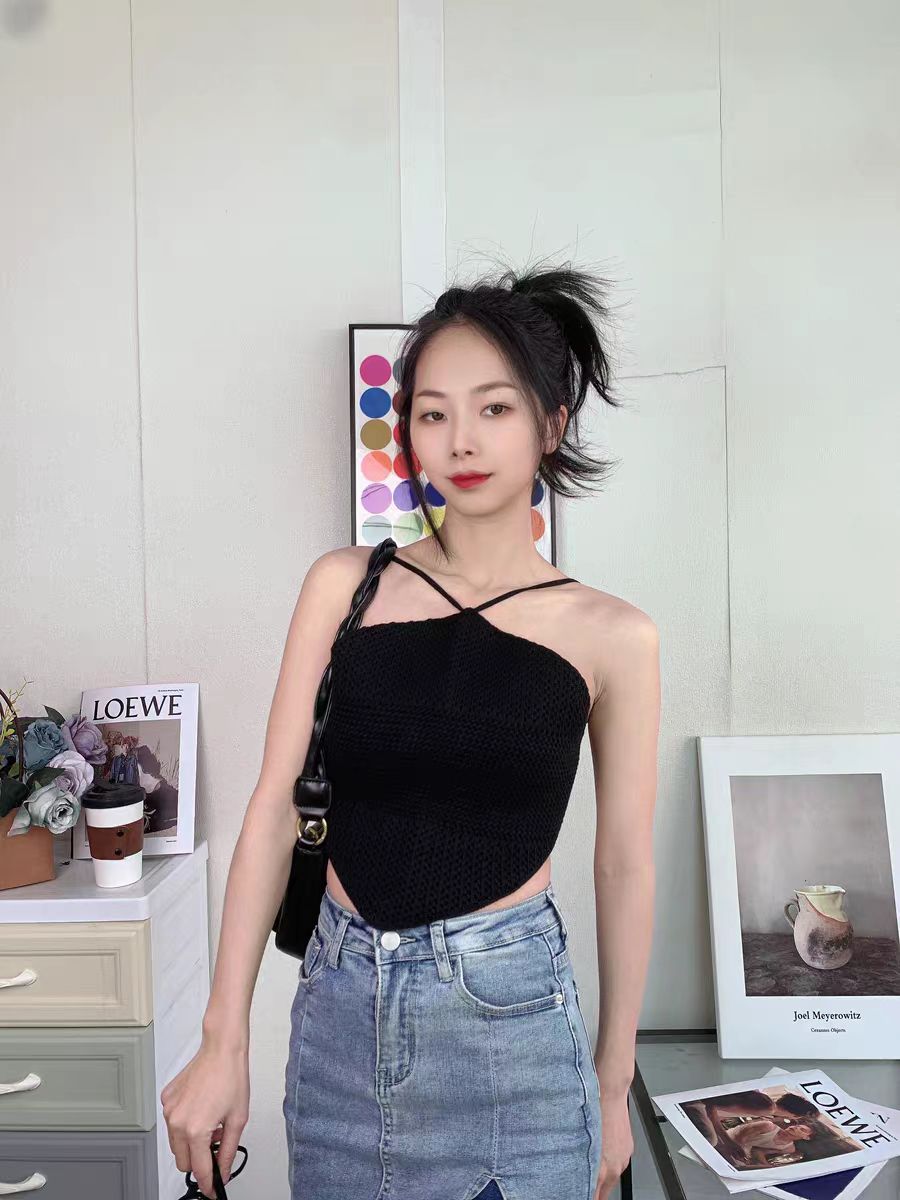 French Neck Hanger Sling Women Backless Back Lace Up Knitted Solid ...