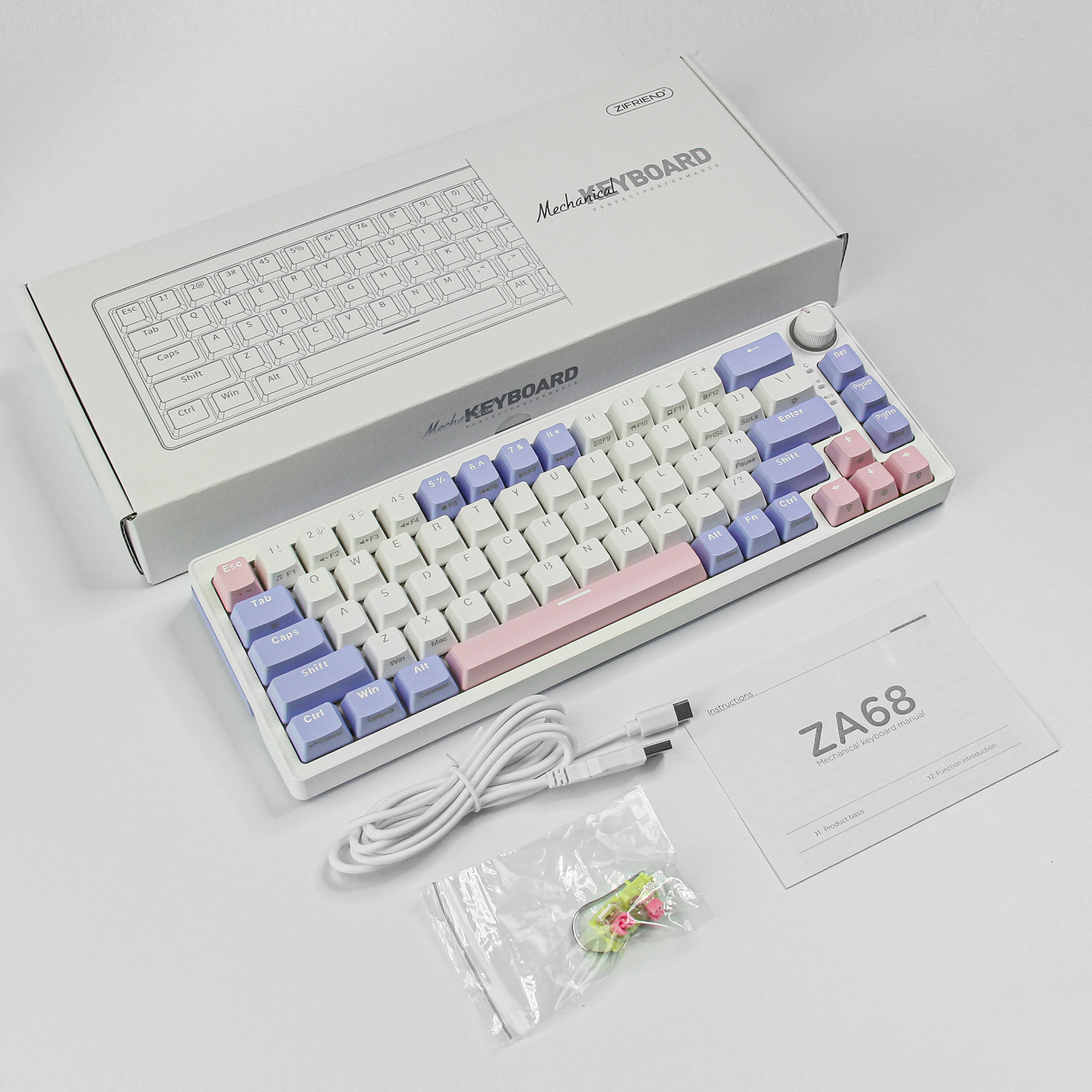 Zifriend ZA68 Hot Swappable RGB Mechanical Keyboard 3 Mode Knob Control ...