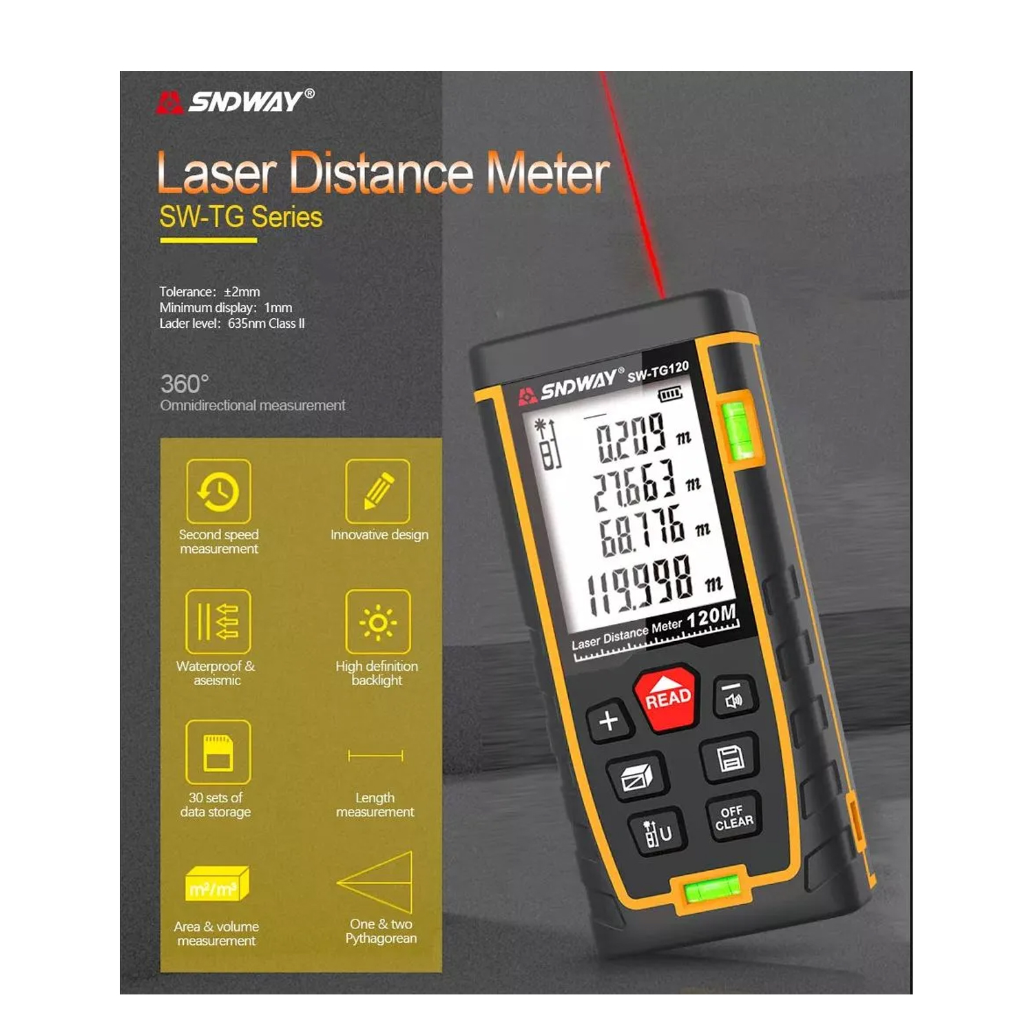 Sndway SW-TG50 Laser Rangefinder 165ft/50m Precise Digital Distance ...