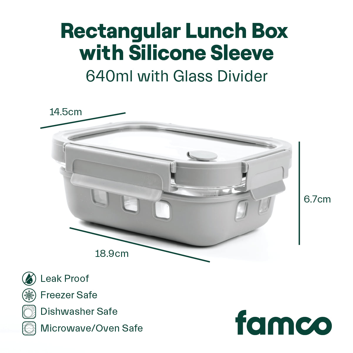 Famco Rectangular Lunch Box with Silicone Sleeve 640ml Borosilicate ...