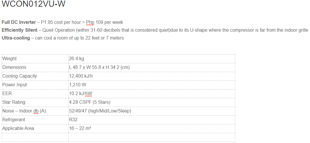 Condura 1.5hp Primea Full Dc Inverter Window Type Aircon Wcon012vu-W ...