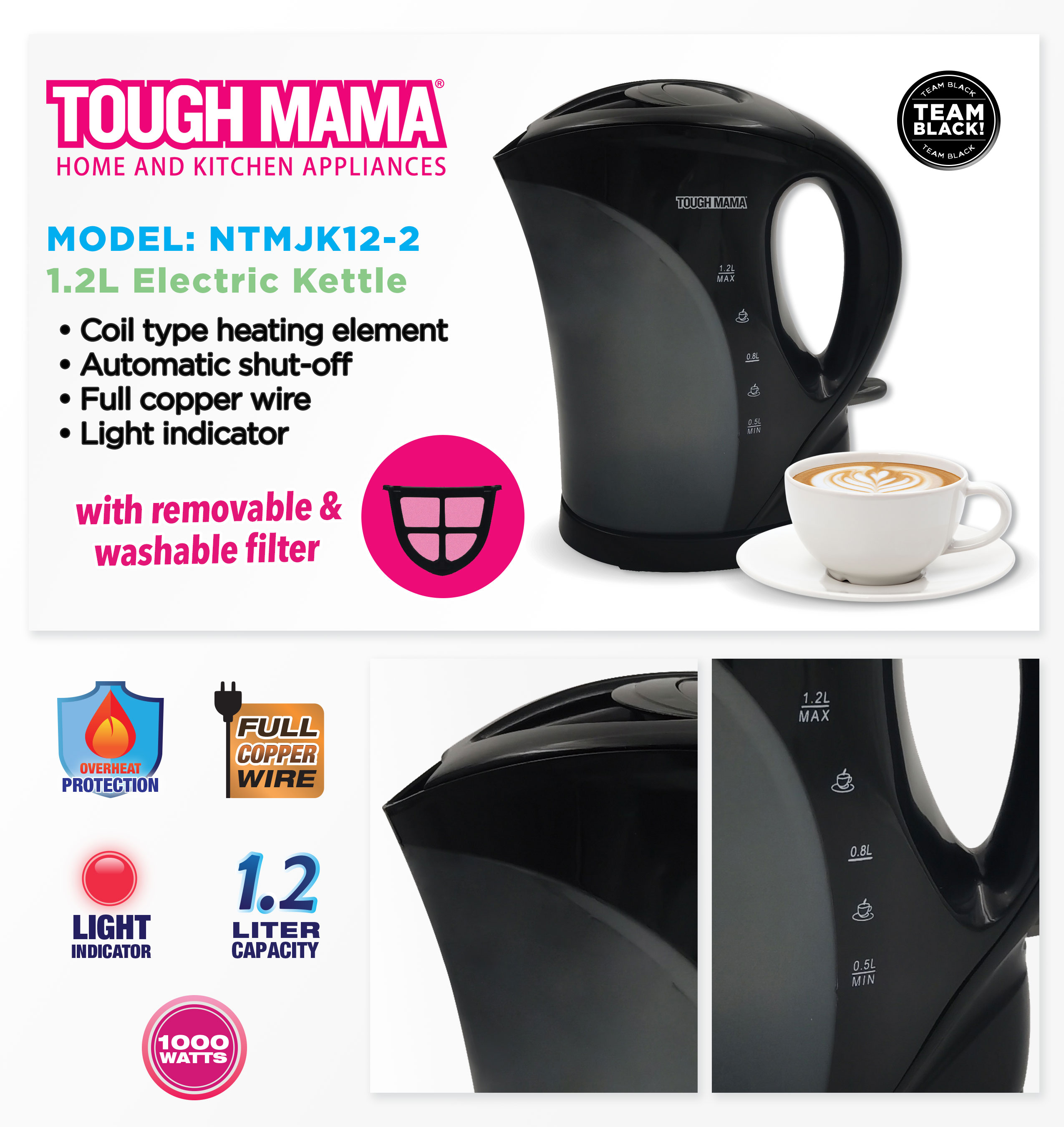 Tough Mama NTMJK12-2 Black 1.2L Electric Kettle Automatic Plastic Body ...