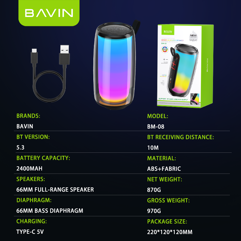 BAVIN BM08 HiFi Bluetooth Speaker Wireless W/12 RGB Night Light 2400mAh ...