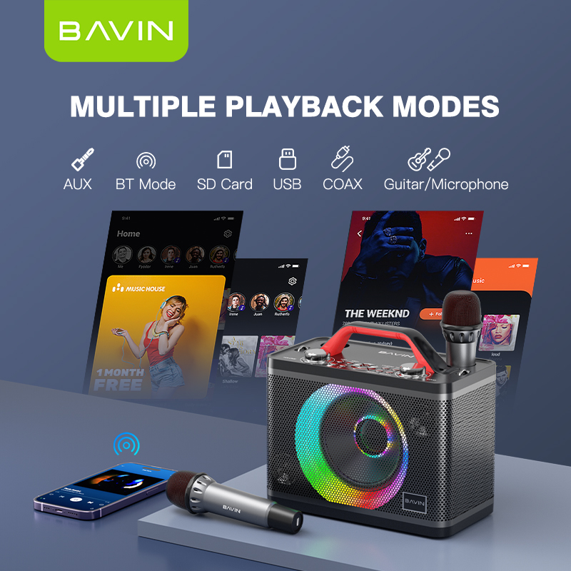 BAVIN BM10 Bluetooth Wireless Portable Karaoke Speaker w/ Dual Bluetooth Microphone Light ...
