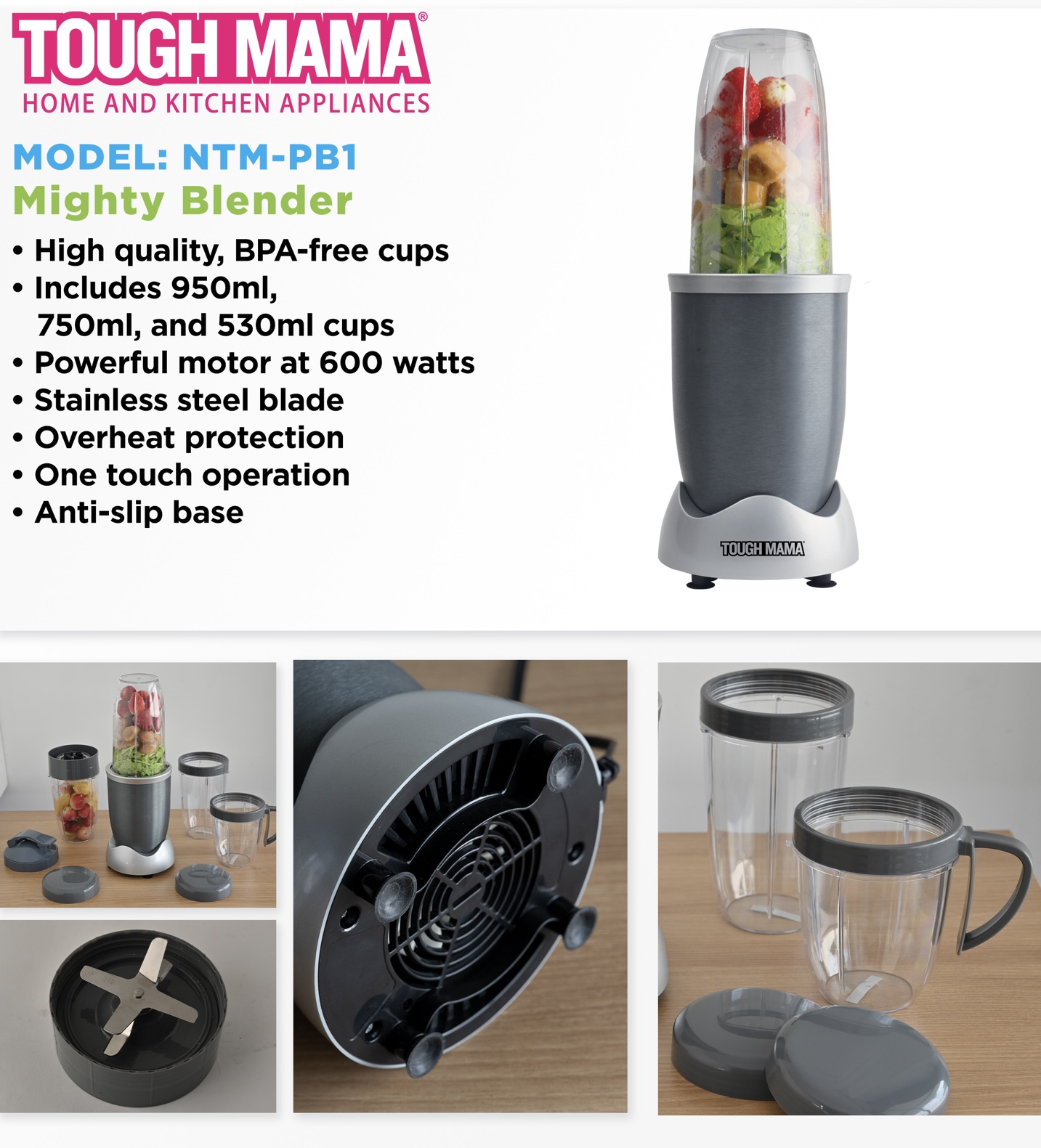 Tough Mama NTMPB-1 Powerful Mighty Personal Blender Gray Smoothie Shake ...