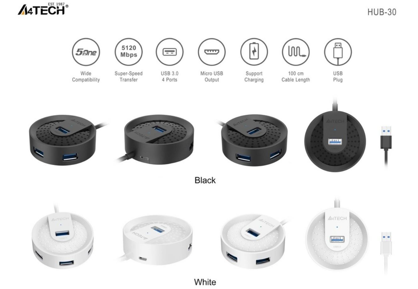 A4Tech HUB-56/HUB-20/HUB-30, Light-weight Design, 150 cm Cable, Plug ...