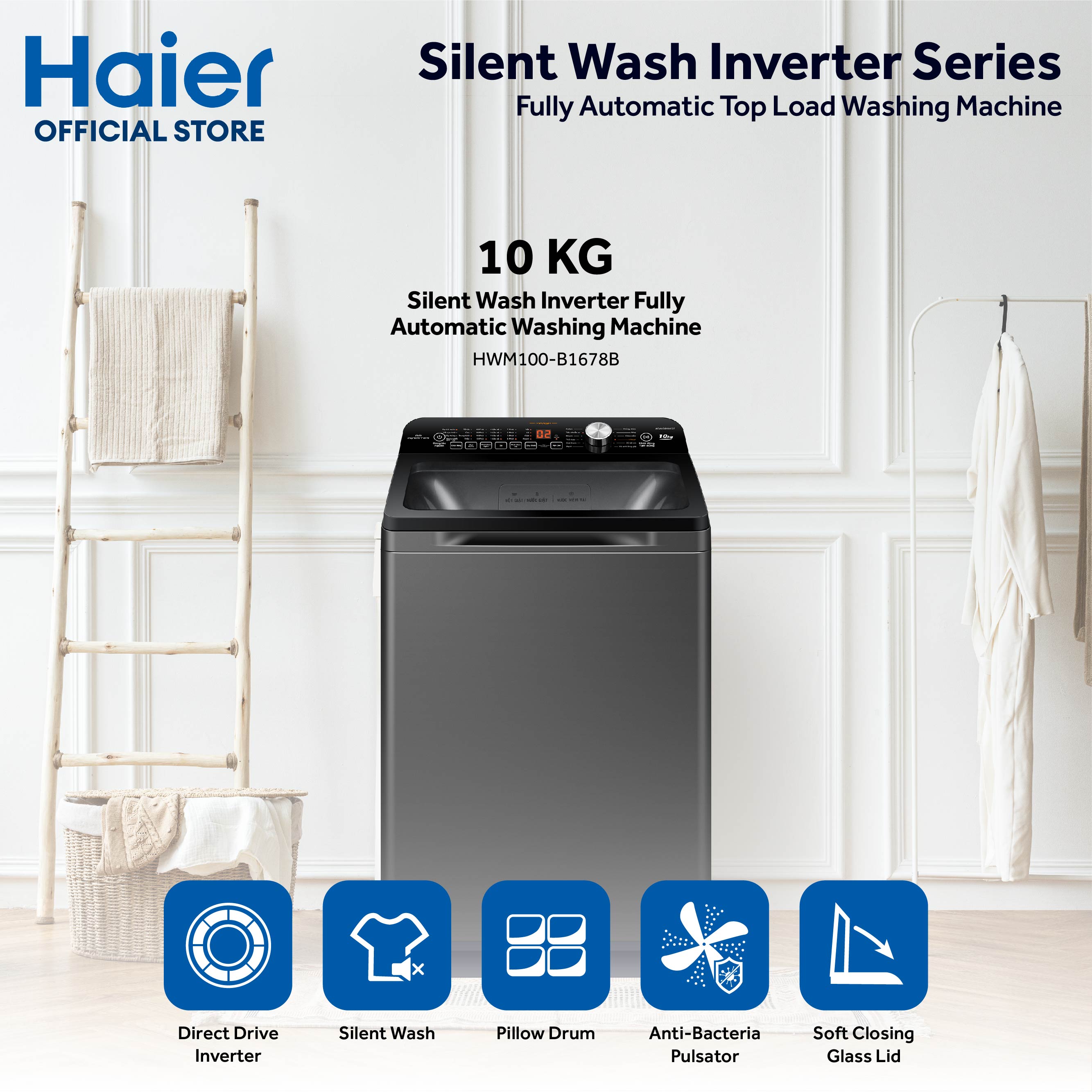 Haier HWM100-B1678B 10 Kg Silent Wash Fully Automatic Inverter Top Load Washing Machine | Shopee ...