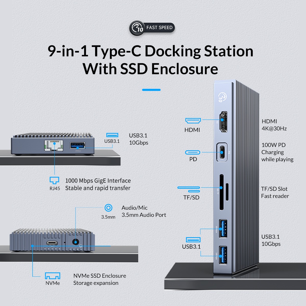 ORICO USB 3.1 9-in-1 Multifunctional Docking Station w/ 2TB NVME SSD ...