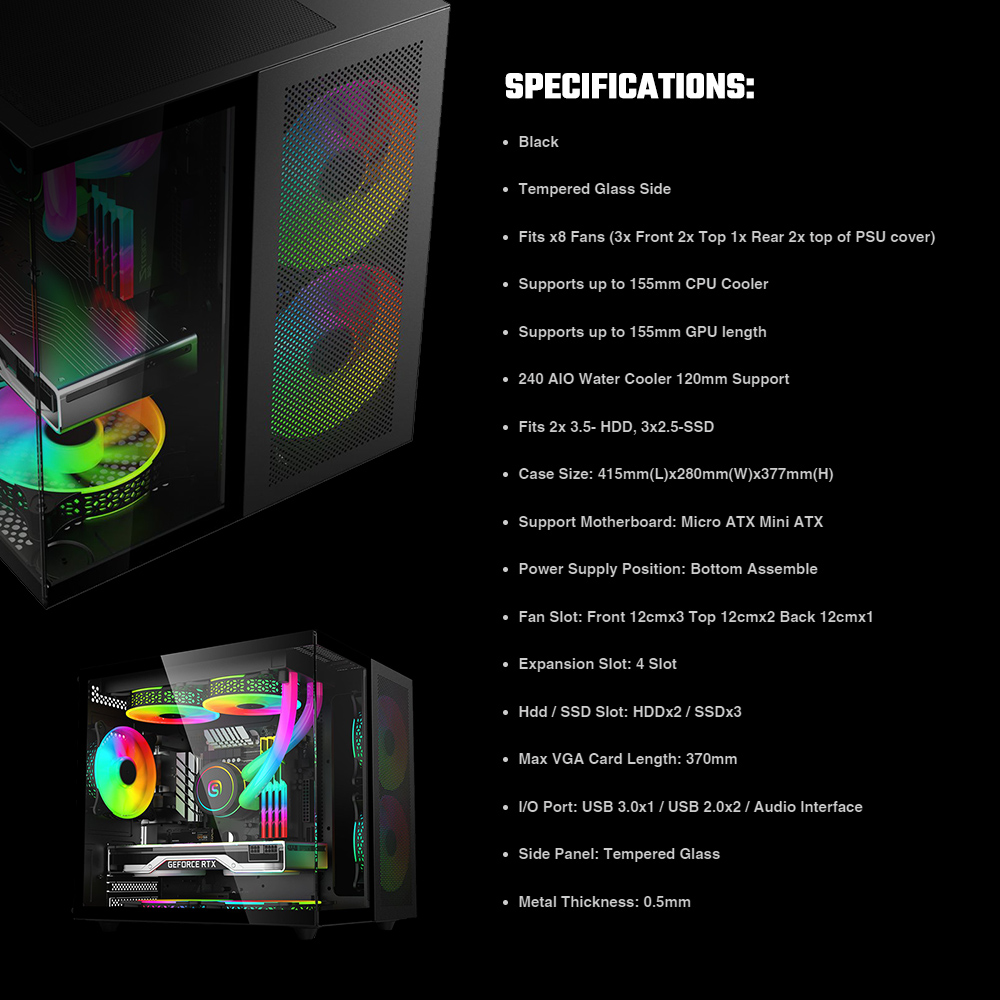 EasyPC| Inplay Seaview Pavilion pc case gaming| Micro ATX| Black and ...