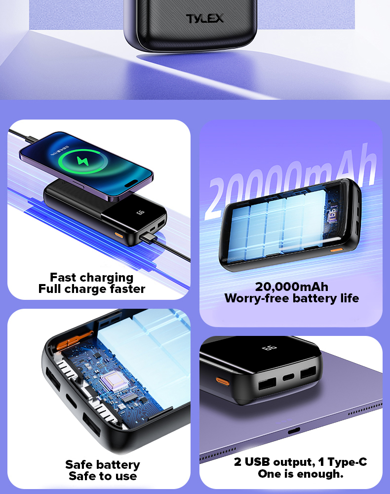 TYLEX XP20 20000mAh Power Bank Type-C Fast Charge 25.2W LED Display 3 ...
