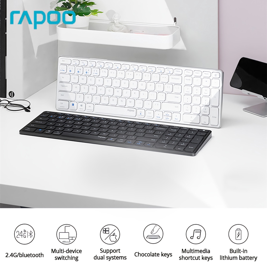 RAPOO 9350M Thin Wireless Keyboard and Mouse Set Bluetooth Rechargeable ...