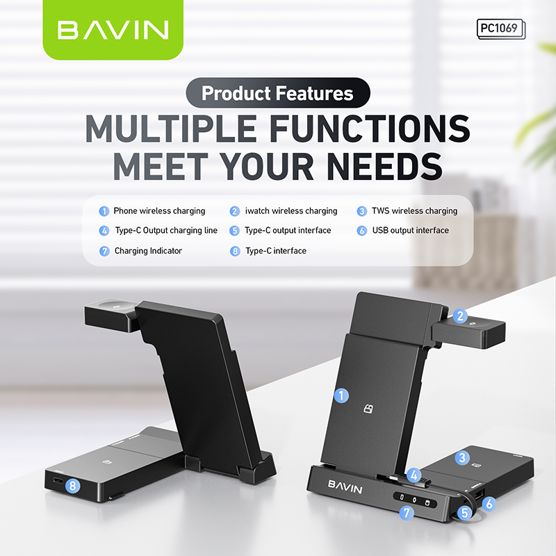 BAVIN PC1069 Portable Multi-functional 6 in 1 Wireless Docking Charger ...